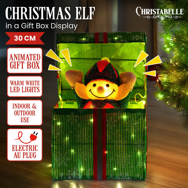 Christabelle Animated Elf in a Gift Box LED Lights Christmas Tree Deco ...