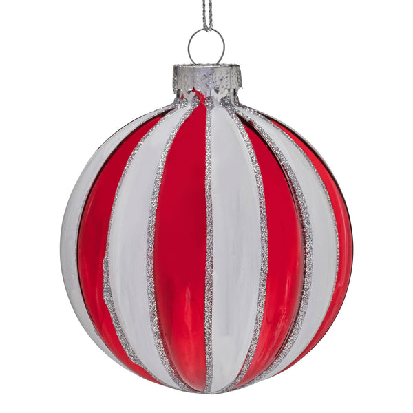 Christabelle Box of 6 Red & White Glass Baubles with Stripe Pattern ...