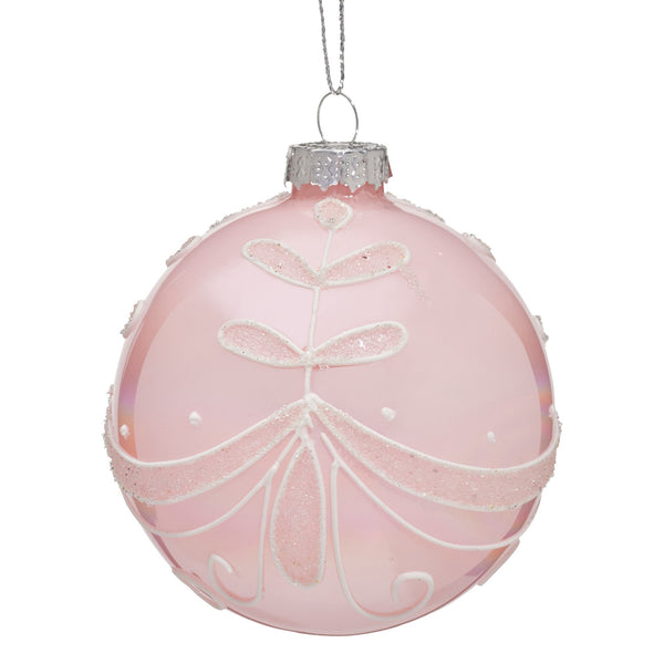 Christabelle Box of 6 Pink Glass Baubles with Glitter Floral Pattern ...
